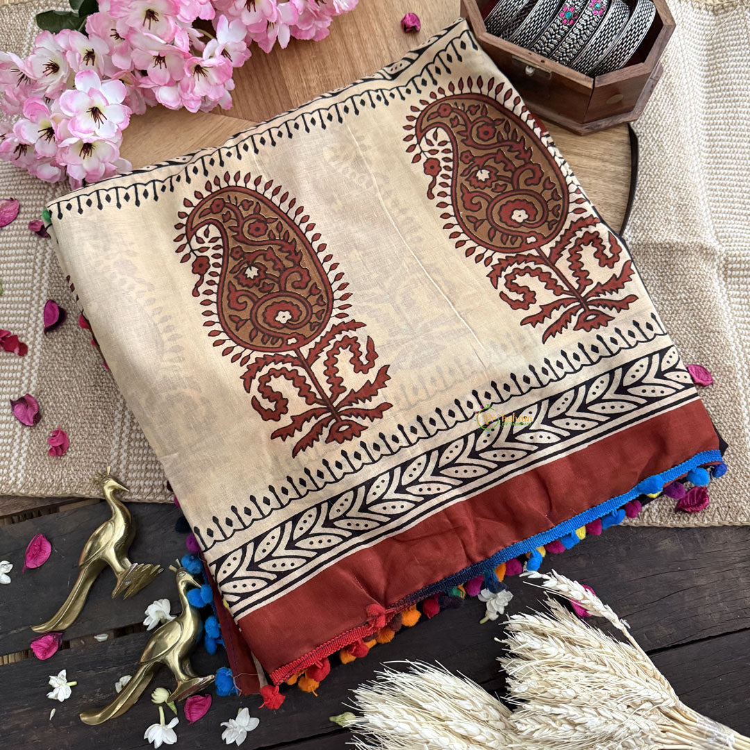 Vriksham Black With Skin Color Cotton Mulmul Saree With Pom Pom Lace-V ...