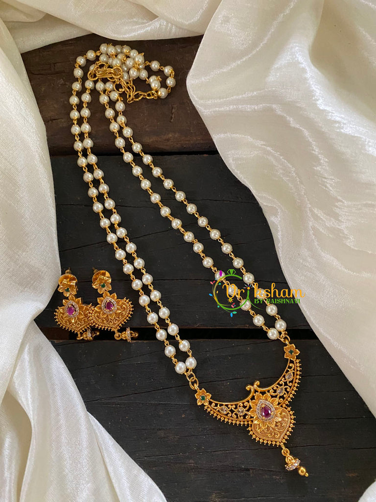 Layered Pearl Pendant Chain G7689 vrikshamindia